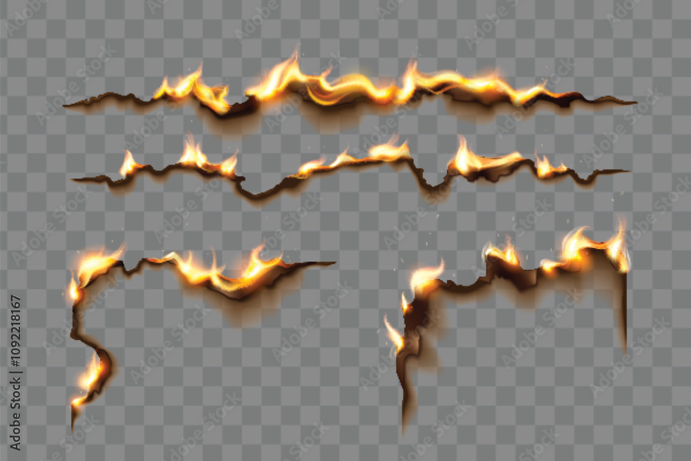 Burning paper edges with glowing flames and dark scorched borders on ...