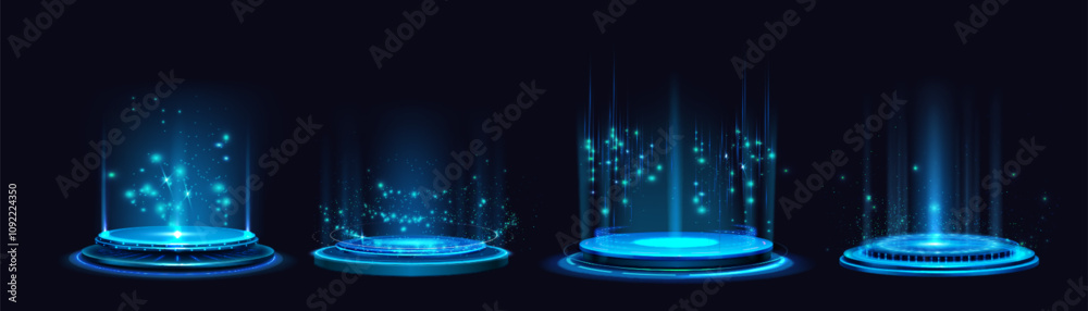Futuristic hologram platforms with blue glowing neon lights, sparkling ...