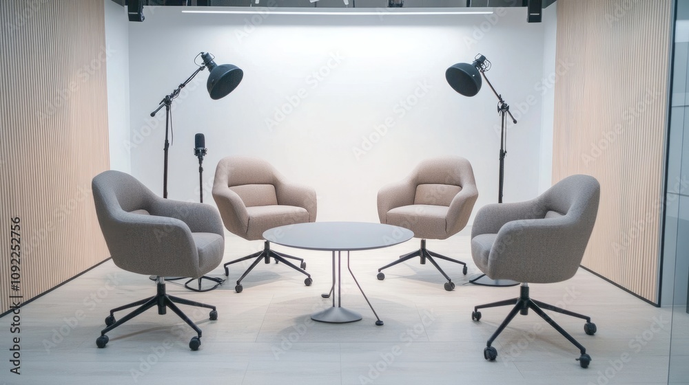 Modern studio for group interviews featuring four comfortable chairs, a ...