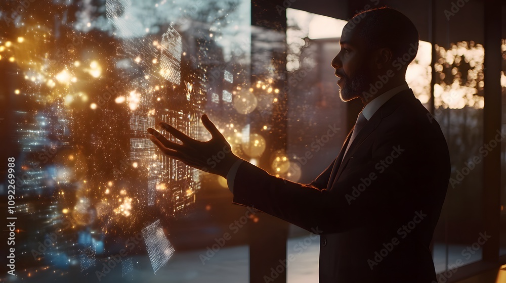 A corporate leader presenting a 3D holographic growth projection model ...