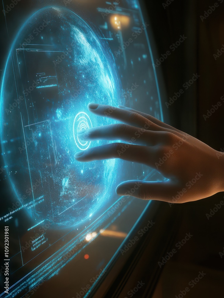 future technology, network and identification concept - hand using interactive panel with touch ...