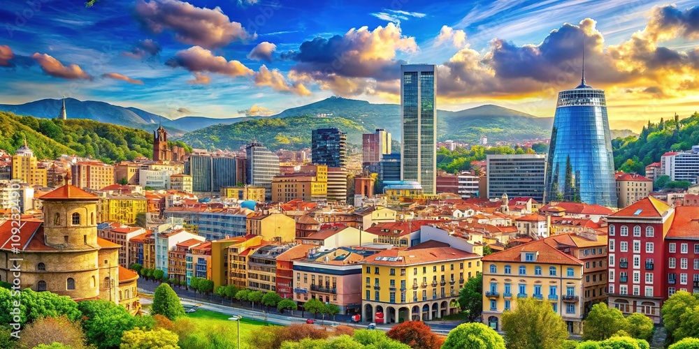In a vibrant watercolor, Bilbao's skyline comes alive, showcasing ...