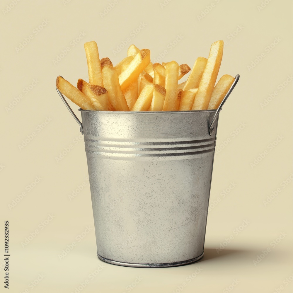 Crispy Golden French Fries in Silver Bucket on Neutral Background ...