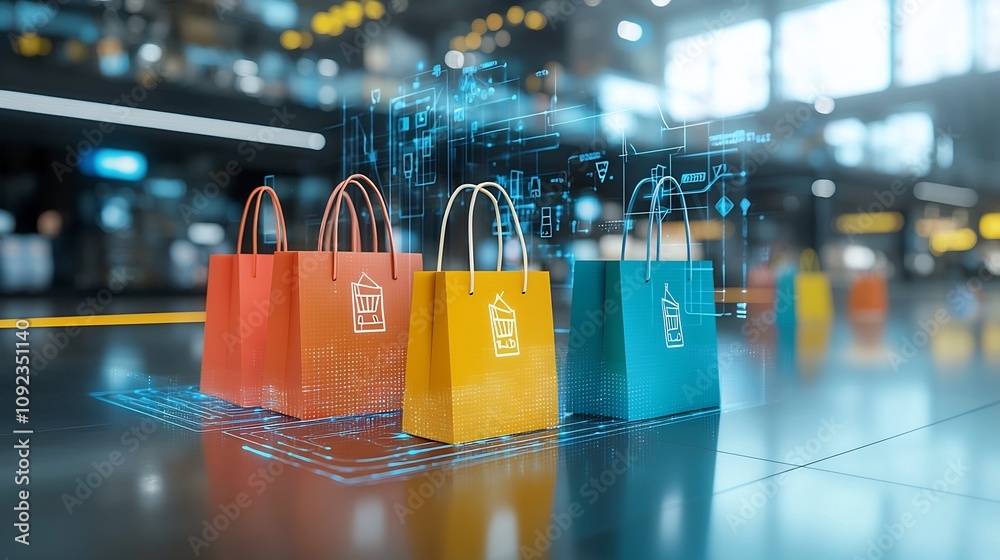 Visually striking composition of vibrant digital shopping bags with ...