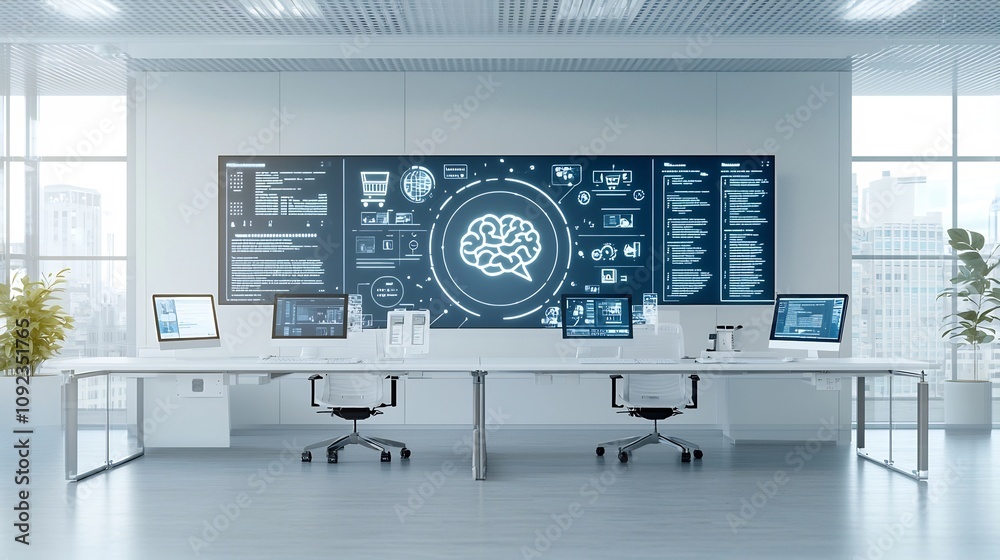 AI driven systems in a modern futuristic workspace projecting real time ... AI driven systems in a modern futuristic workspace projecting real time ...
