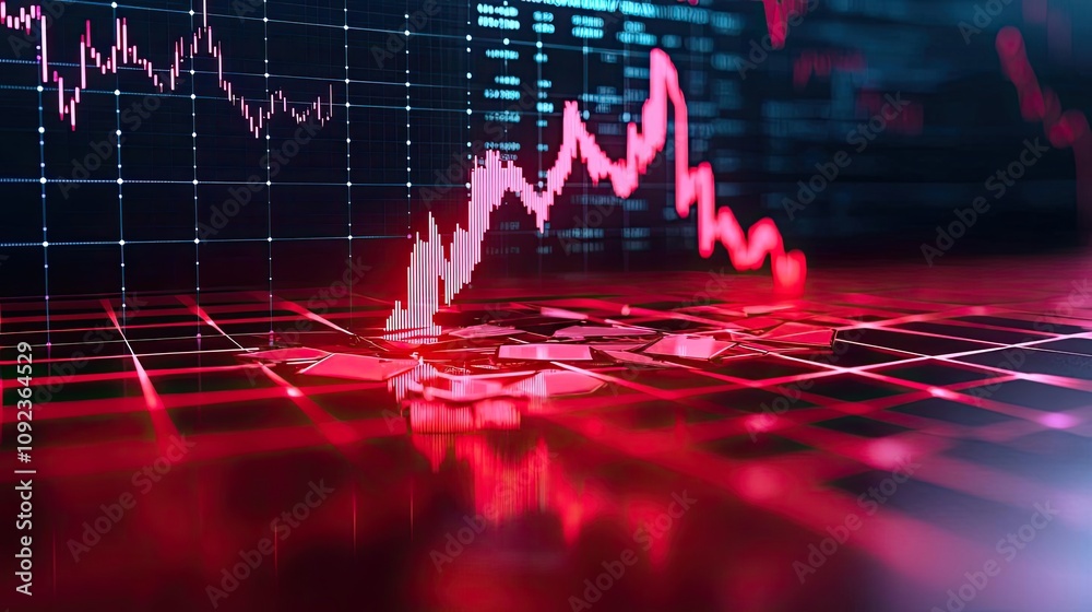 Stock market graph showing a decline with red indicators and digital ...