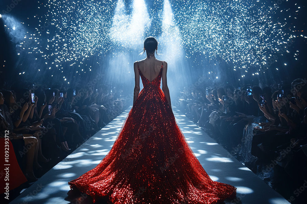 A super model in a sparkling red dress at a fashion show walks down the ...