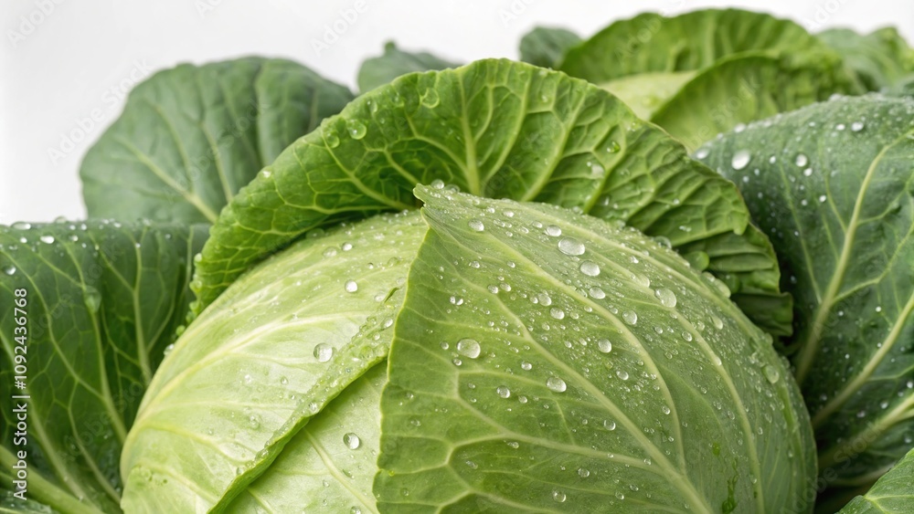 Fresh green cabbage leaves with water droplets on the surface of the ...