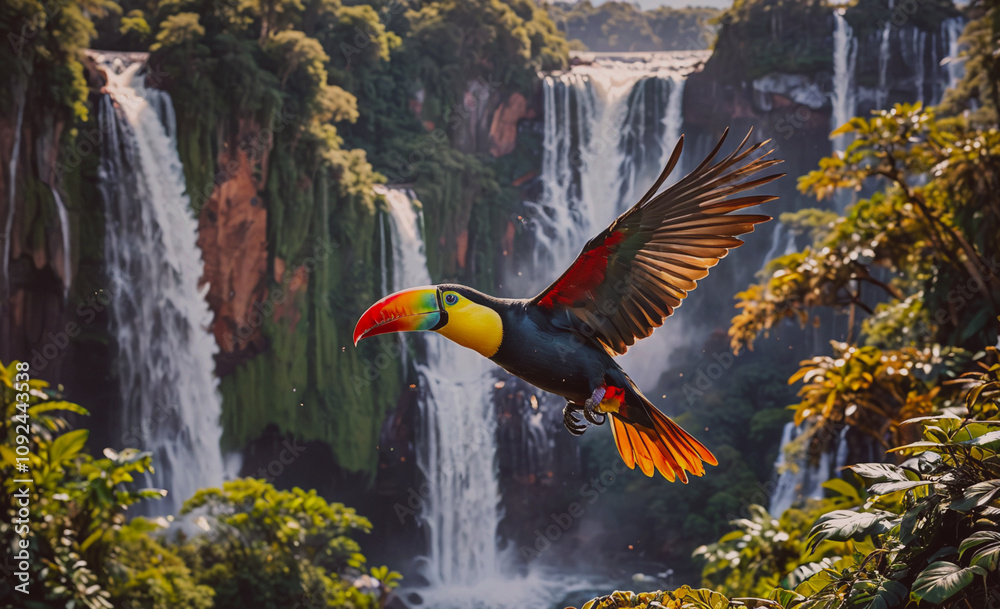 Bird flying over a waterfall. The bird is black and yellow. The ...