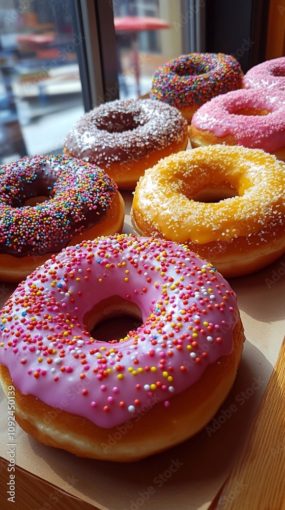 Brightly colored donuts with different flavors of glaze and sprinkles ...
