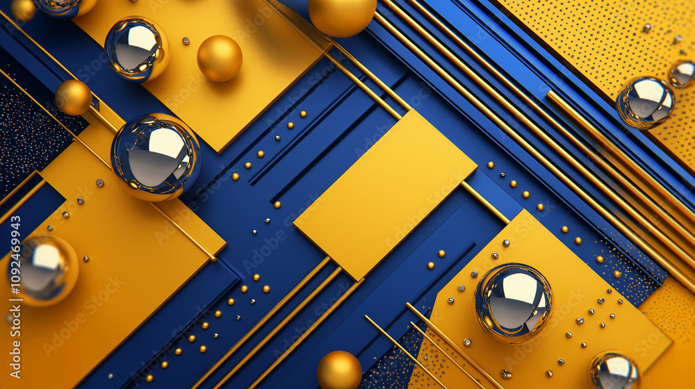 shiny silver metallic text, yellow and blue background with golden ...