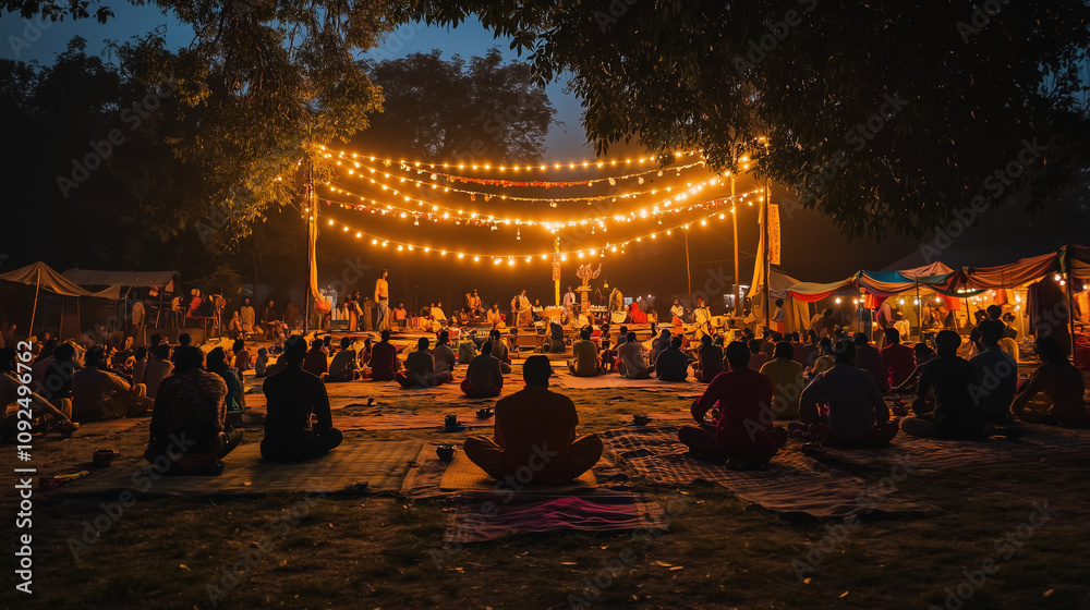 Poush Mela, a festival night with a Baul music performance stage lit by ...