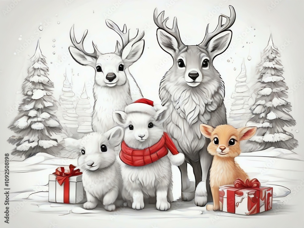 Cute Christmas animals in black and white outline art, perfect for kids ...