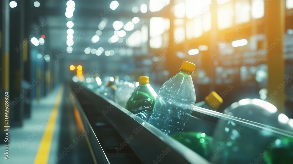 Conveyor belt moving green and clear plastic bottles in a bright ...