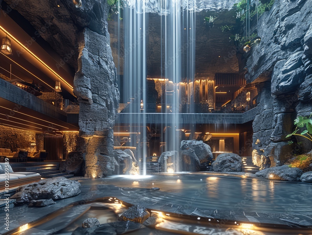 A luxurious hotel lobby integrated into a massive rock formation, with ...