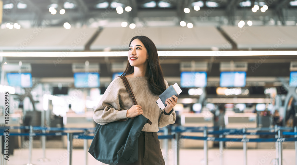 Woman passenger holding passport and boarding pass to transit at ...