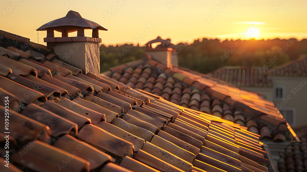 Tranquil Sunset Over a Mediterranean-Style Terracotta Roof with ...