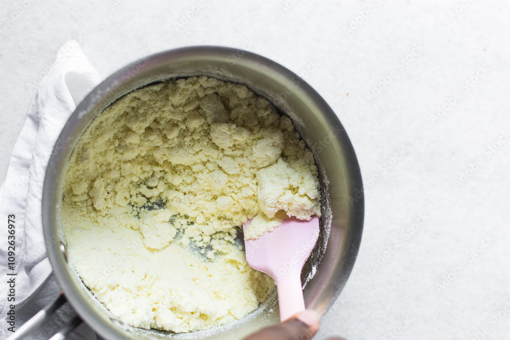 Overhead view of tuwon madara dough in a silver saucepan, nigerian ...