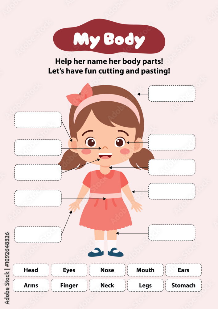 Vector de Stock cut and paste My Body, human body parts diagram on cute cartoon girl ...