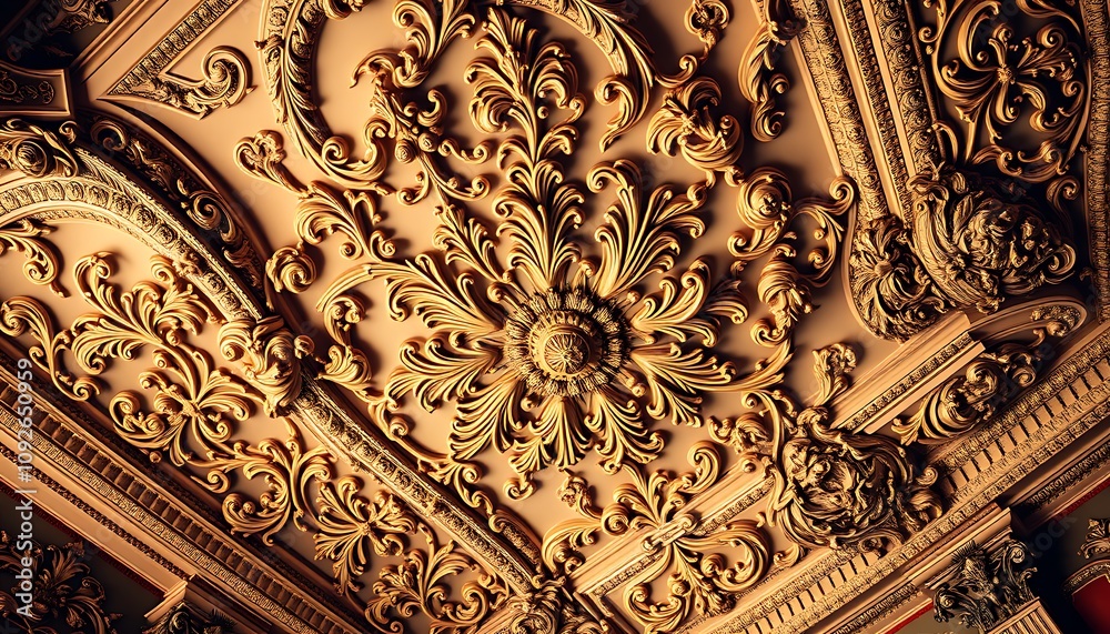 Capture the opulent essence of a Baroque ceiling, zooming in on the ...
