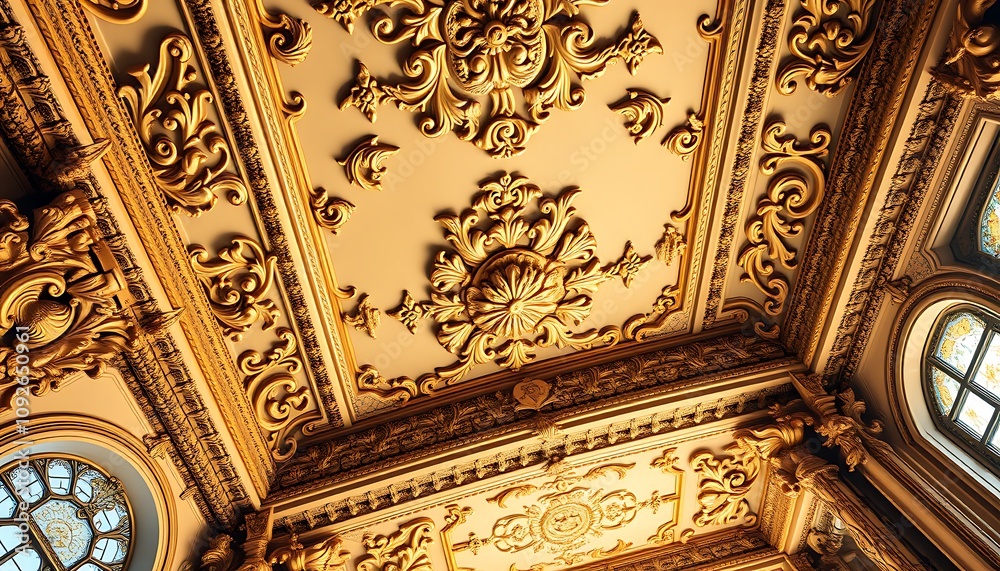 Capture the opulent essence of a Baroque ceiling, zooming in on the ...
