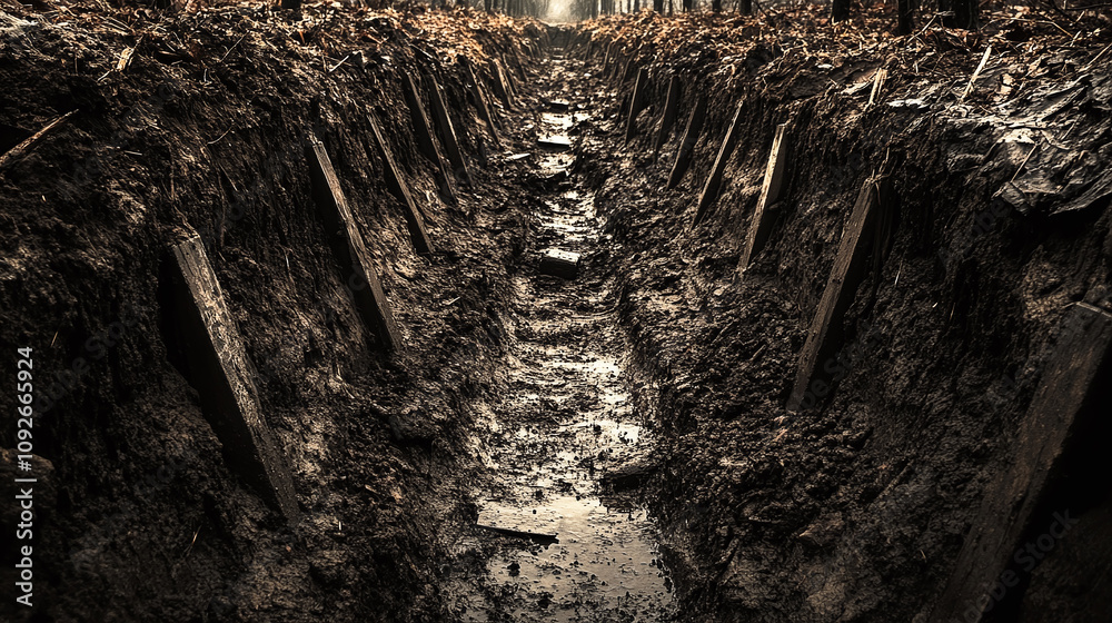Historic World War I trench lined with wooden supports, captured during ...