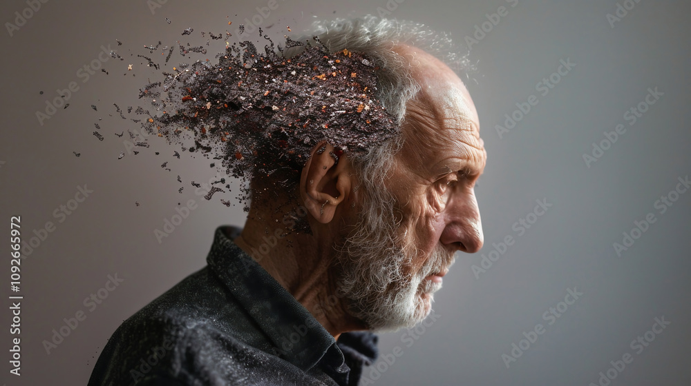 Drown image of losing of mind. Old bearded man with alzheimer disease ...