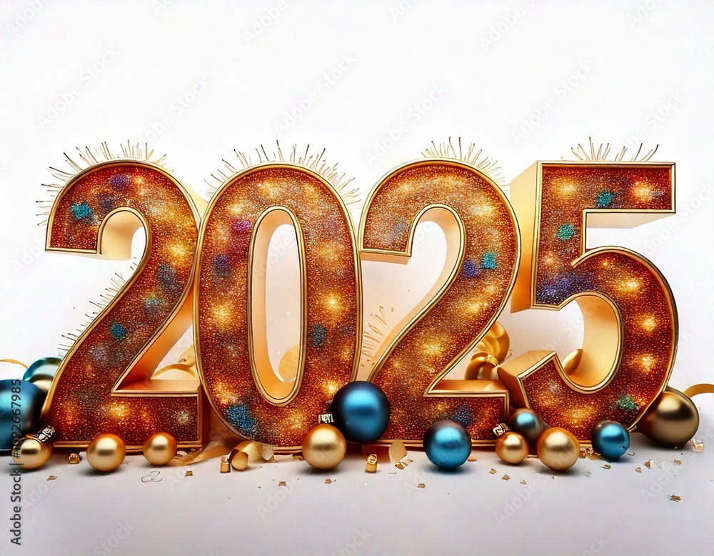 Happy New Year 2025 with Golden Glitter Confetti and Shiny Gold Numbers ...