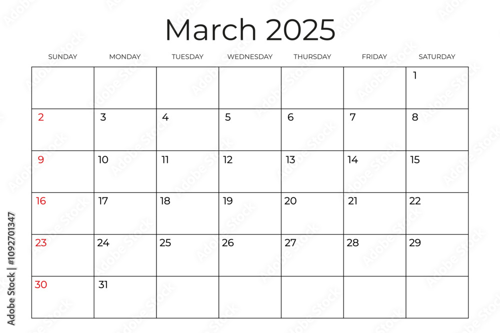 Printable Monthly Calendar template for March 2025. Week Starts on ...