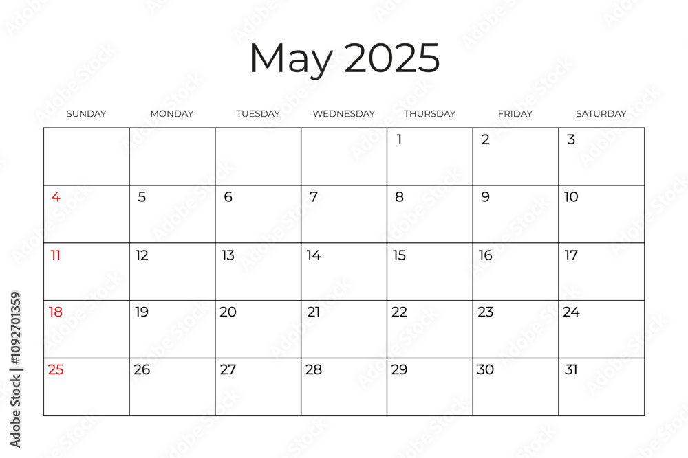 Printable Monthly Calendar template for May 2025. Week Starts on SUNDAY ...