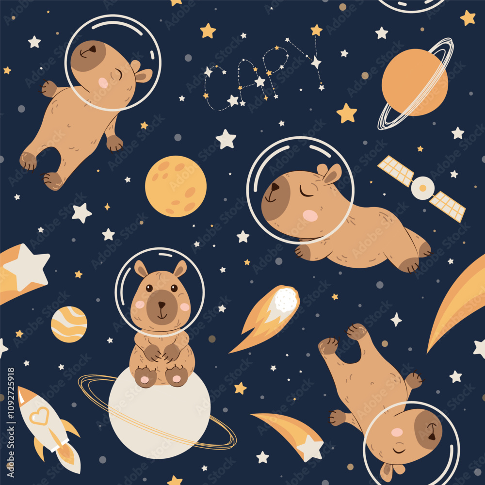 Seamless pattern with cute capybaras in space in cartoon minimalistic ...