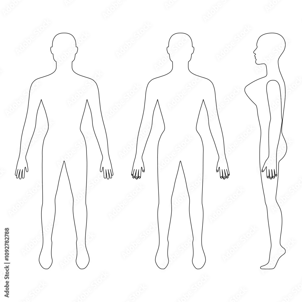 Full Length Front Back Side View Of A Lean Bald Standing Naked Woman