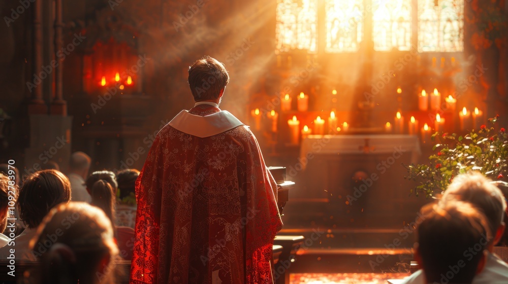 Priest Giving a Sermon from the Pulpit, with the Congregation Visible ...