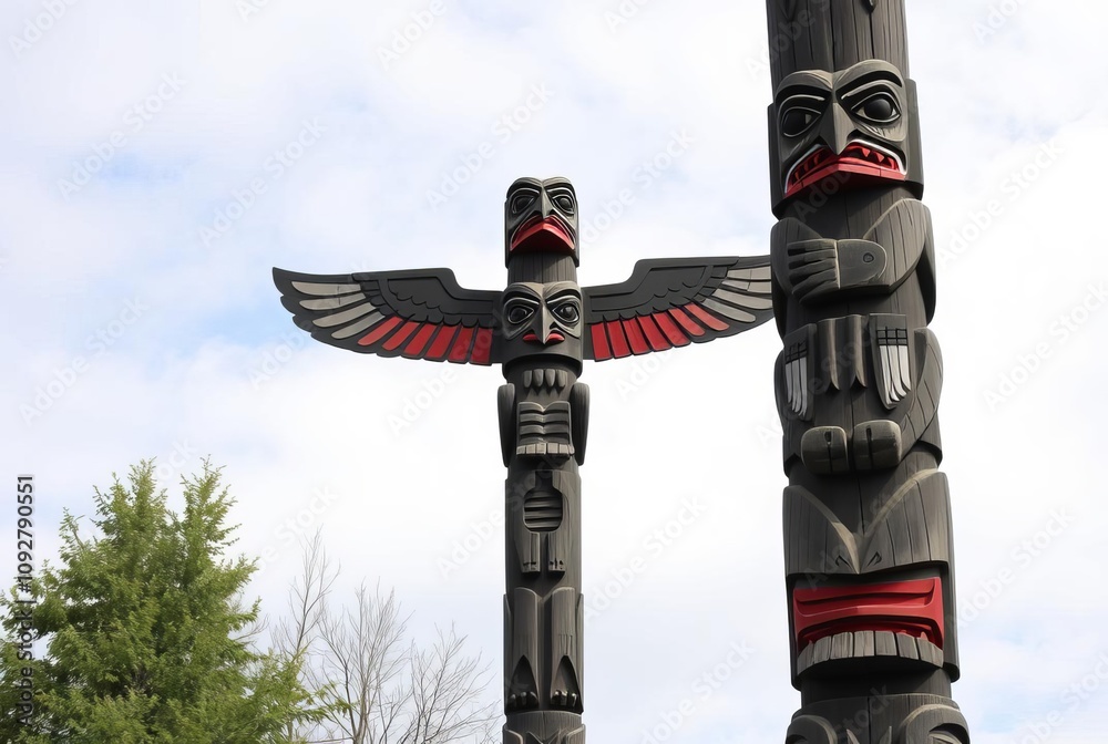 Native American Totem Pole A totem pole with symbolic animals an Stock ...