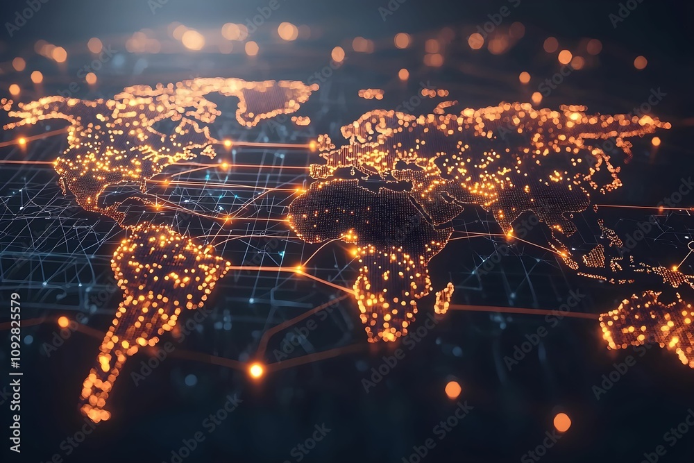Visual representation of a digital world map with glowing connections ...