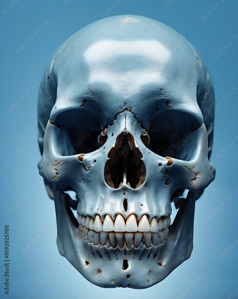 Front view of an x-ray image of a 3d human skull on blue background ...