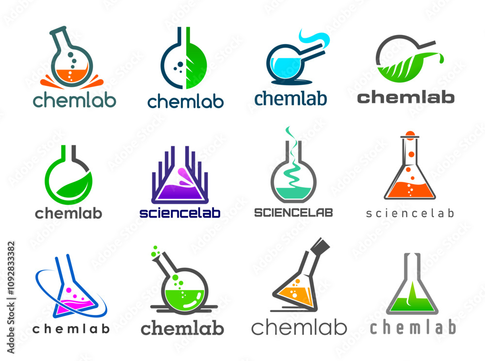 Science lab icons, chemical laboratory research, biotechnology and ...