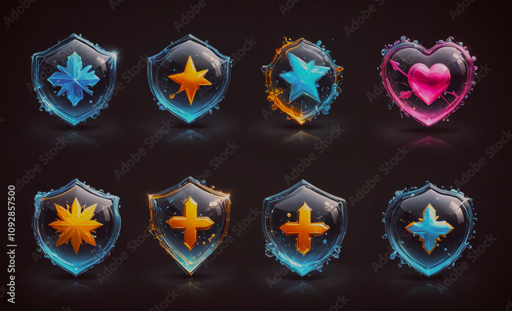 Set of eight different colored glass shields with various symbols on ...