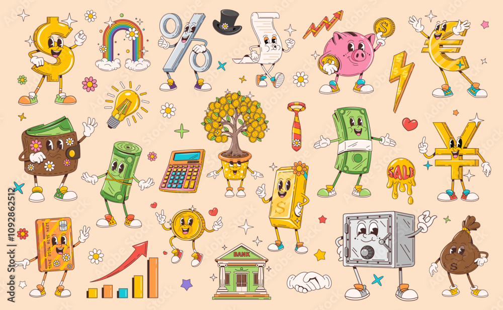 Cartoon retro groovy finance characters and symbols of money and bank ...