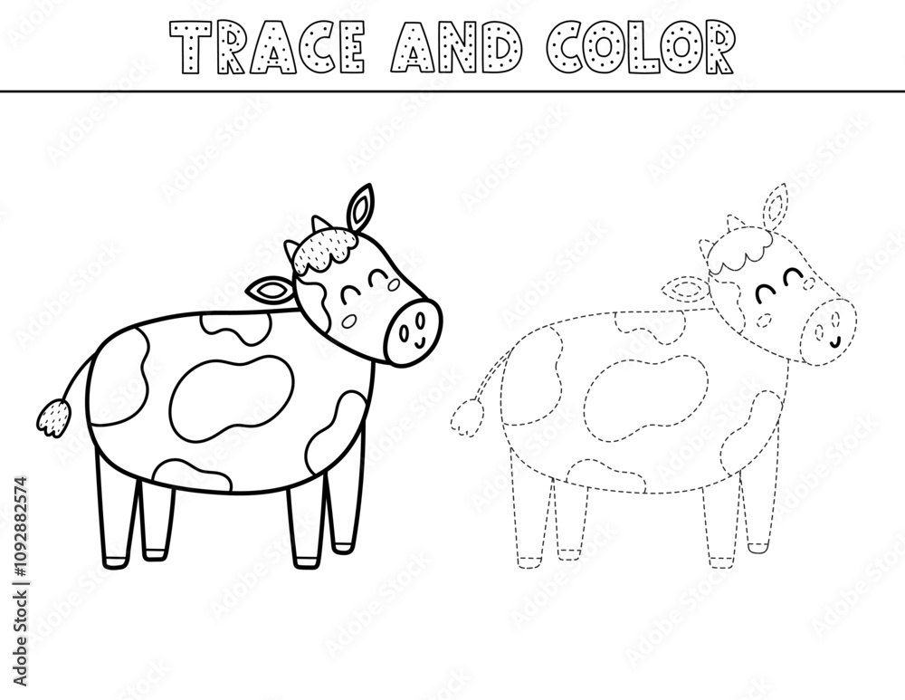 Trace and color black and white game for kids with a cute cow. Activity ...