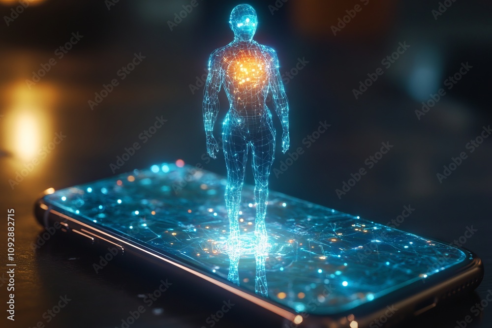 Hologram of AI Character on iPhone with Glowing Data Points. AI ...