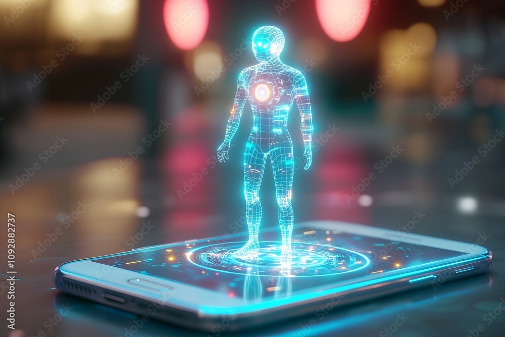 Hologram of AI Character on iPhone with Glowing Data Points. AI ...