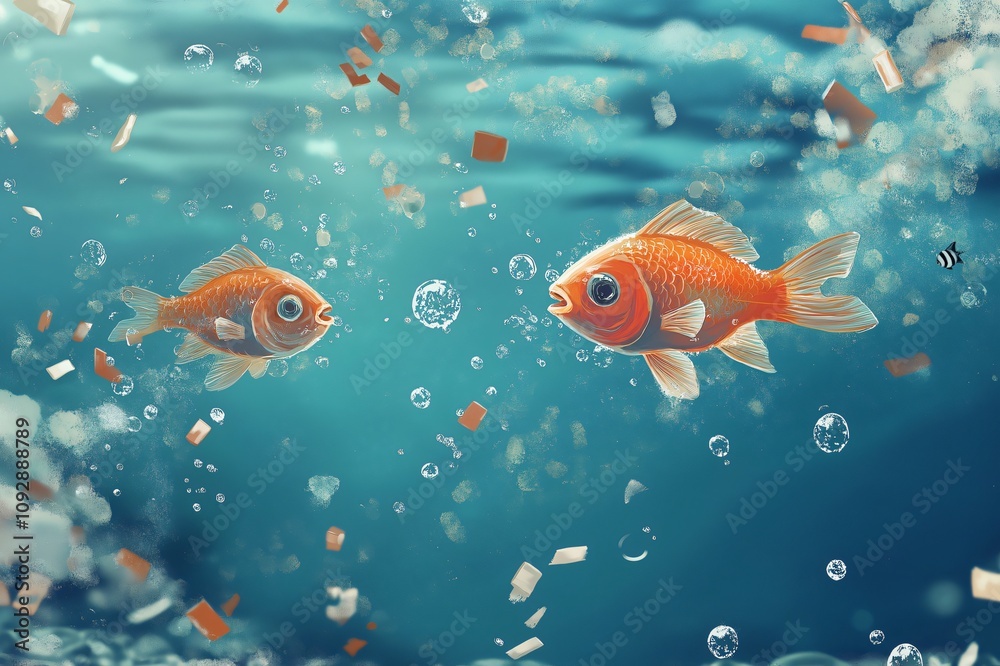 Gracefully swimming goldfish in polluted sea with plastic waste ...