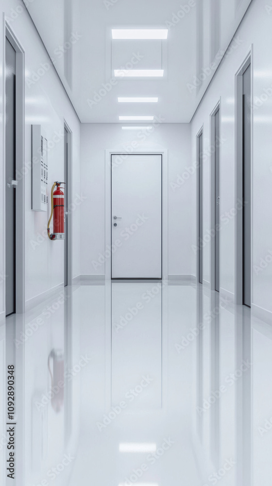 Fire Alarm System Response Concept. A sleek, modern hallway featuring ...