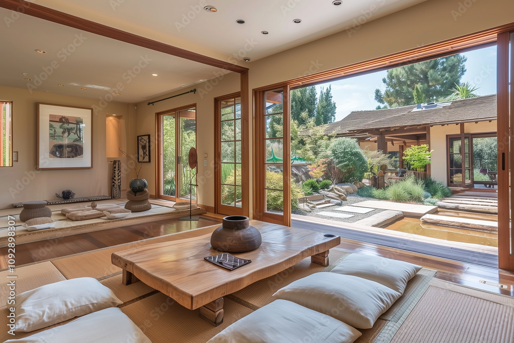 Japanese-inspired living room interior design concept with tatami mats ...