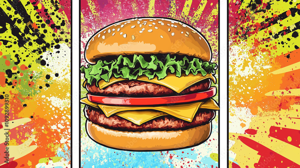 3 panel wall art. Pop art hamburger. Colorful background in pop art ...