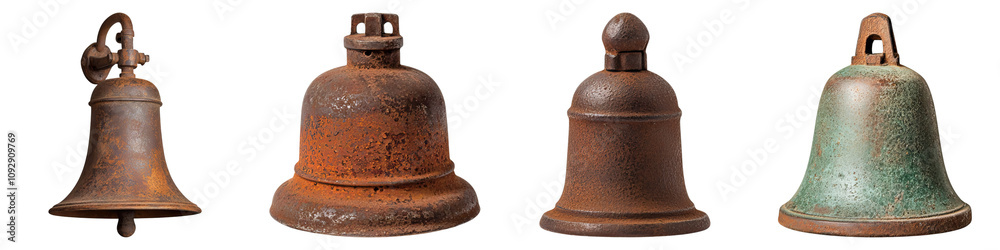 Fire alarm and alert response concept. Four antique bells with varied ...