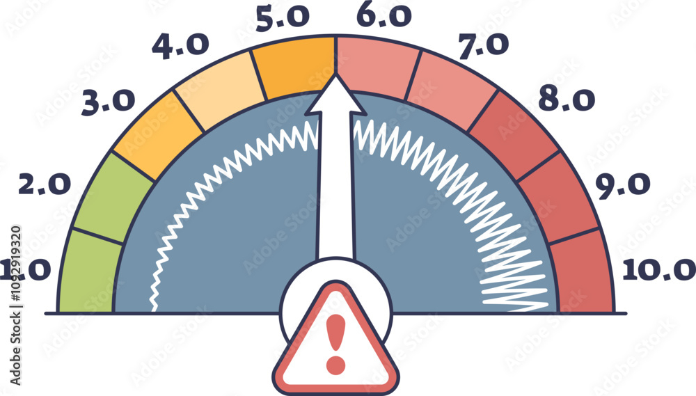 Illustration of a Richter scale gauge with an arrow pointing to 6.0 ...