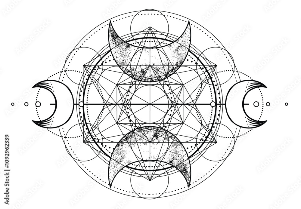 Metatron Cube. Moon pagan Wicca moon goddess symbol. Three-faced ...