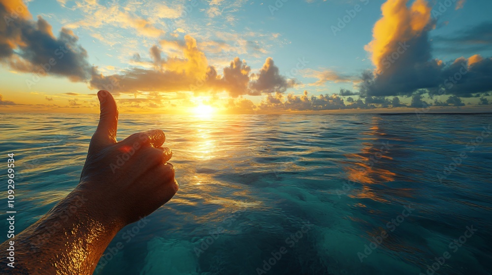 Beautiful sunset over the ocean with hand giving a thumbs up gesture ...